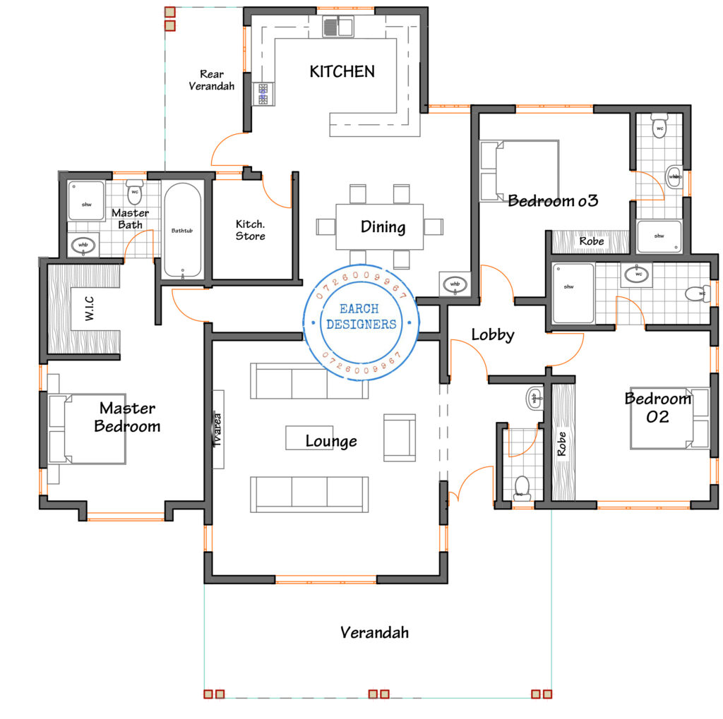 3 bedroom Bungalow Floor Plan (plan with measurement)